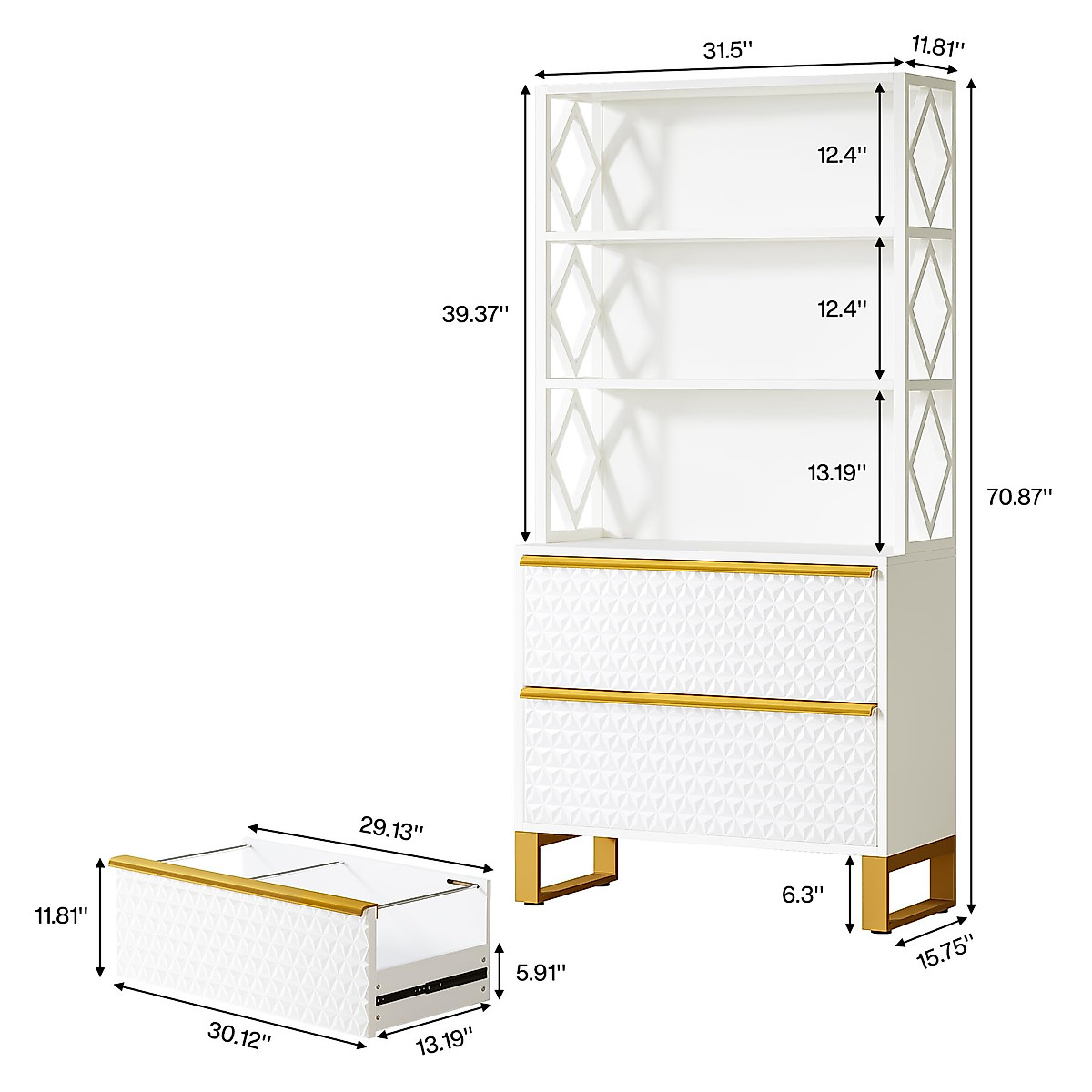 Tribesigns 4-Tier Bookshelf with 2 Drawers, 71" Tall White and Gold Bookshelf with Open Shelves & Drawer, Modern Bookcase Display Book Shelf Organizer for Bedroom, Living Room, Home Office