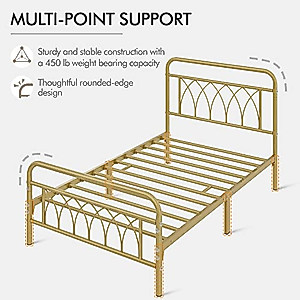Yaheetech Twin Bed Frame Metal Platform Bed with Petal Accented Headboard/Footboard/14.4 Inch Under Bed Storage/No Box Spring Needed,Antique Gold