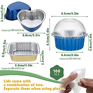 100 Pack 3 Shapes Baking Cups with Lids Aluminum Foil Baking Cups Cupcake Liners Mini Muffin Liners with Lids Cheesecakes Liners Cups for Christmas Muffin Birthday Baby Shower Wedding Party (Colorful)