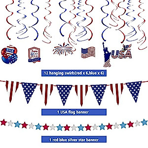 Unves 4th of July Decorations - 21Pcs Patriotic Decorations Banner Red White Blue Paper Fans, Hanging Swirls, Star Streamer for Independence Day, Memorial Day Decorations Patriotic Party Supplies