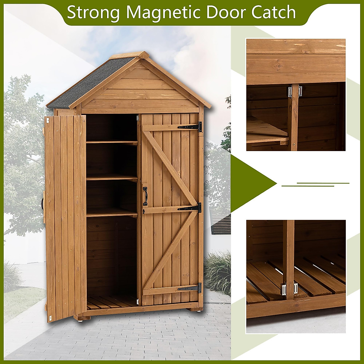 Jaxilyn 5.8ft x 3ft Outdoor Storage Cabinet,Garden Wood Tool Shed, Wood Lean-to Storage Shed Tool Organizer with Waterproof Asphalt Roof, Lockable Doors, 3-Tier Shelves for Backyard,Brown