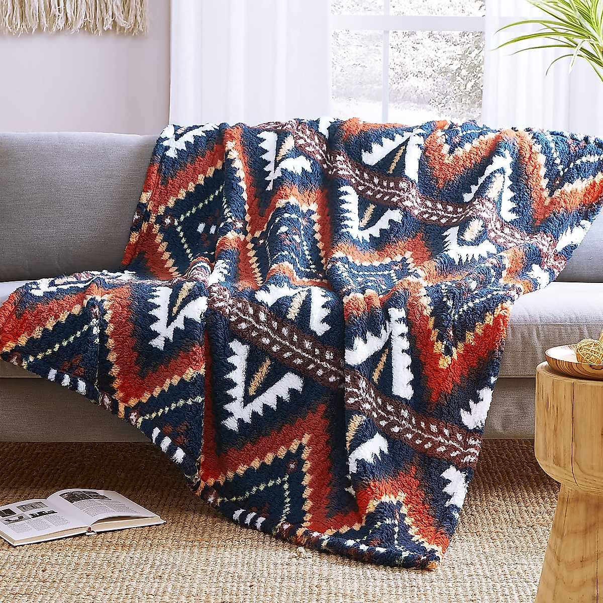 CASAAGUSTO Boho Sherpa Throw Blanket, Aztec Throw Blanket, Ultra Soft, Warm, Cozy, Plush, Thick Fleece Bohemian Throw Blanket for Couch, Bed, Sofa (Navy Blue 50 * 60 Inch)