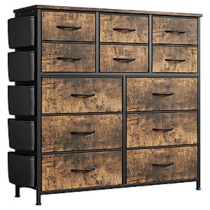 12 Dresser for Bedroom, Chest of Drawers for Bedroom with Side Pockets and Hooks, Fabric Storage Dresser, Sturdy Steel Frame, Wood Top, Easy Pull Handle (Rustic Brown)