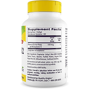 Healthy Origins Vitamin K2 as MK-7, 100 mcg - K2 Vitamins for Heart Health, Bone Health & Calcium Metabolism - Gluten-Free Supplements - 180 Veggie Softgels