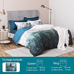MILDLY 100% Long Staple Cotton Mountain Duvet Cover Set, Blue Green Gradient Trees Pattern Printed Comforter Cover Set