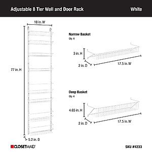 ClosetMaid Adjustable Organizer Rack with Baskets Wall or Over Door Mount, for Kitchen, Pantry, Utility Room, Closet, 18 in. W, White Finish, Pack of 2