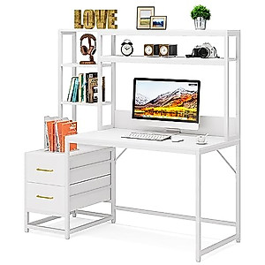 LITTLE TREE Computer Desk with Drawers and Hutch, Rustic Office Desk with Storage Shelves for Home Office