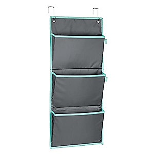 mDesign Soft Fabric Wall Mount/Over Door Hanging Storage Organizer - 3 Large Pockets - Holds Office Supplies, Planners, File Folders, Notebooks - Gray/Teal Blue
