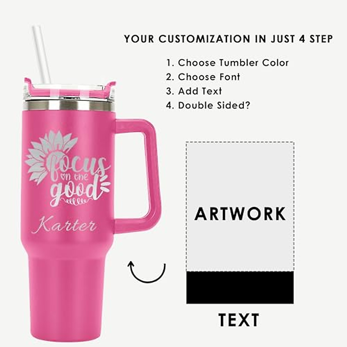 LifGif Sunflower Personalized Tumbler 40 oz Laser Engraved, Insulated Cup with Handle, Lid and Straw, Focus on the Good Stainless Steel Large Vacuum Insulated, Custom Gift for Birthday, women, mom