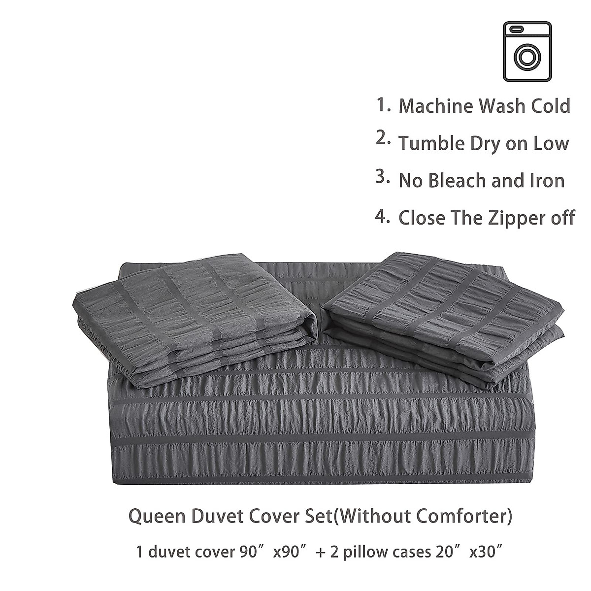 Duvet Cover Set Queen, Seersucker Stripe Textured 100% Soft Microfiber Duvet Cover with Zipper and 2 Pillowcases, Ultra Soft Simple Style Farmhouse Comforter Cover Set (Dark Grey/Queen)…