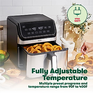 bella 8 Qt Digital Air Fryer with TurboCrisp Technology, Large Family Size Nonstick Cooking Basket and Crisping Tray, Multiple Preset Functions, Auto Shutoff, Stainless Steel, 1750 Watt