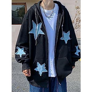 CEINOM Men's Star Patch Zip Up Hoodie for Men Women Graphic Hoodies Oversized Y2k Sweatshirt Jacket E-Girl 90s Streetwear (Black,S,Small)