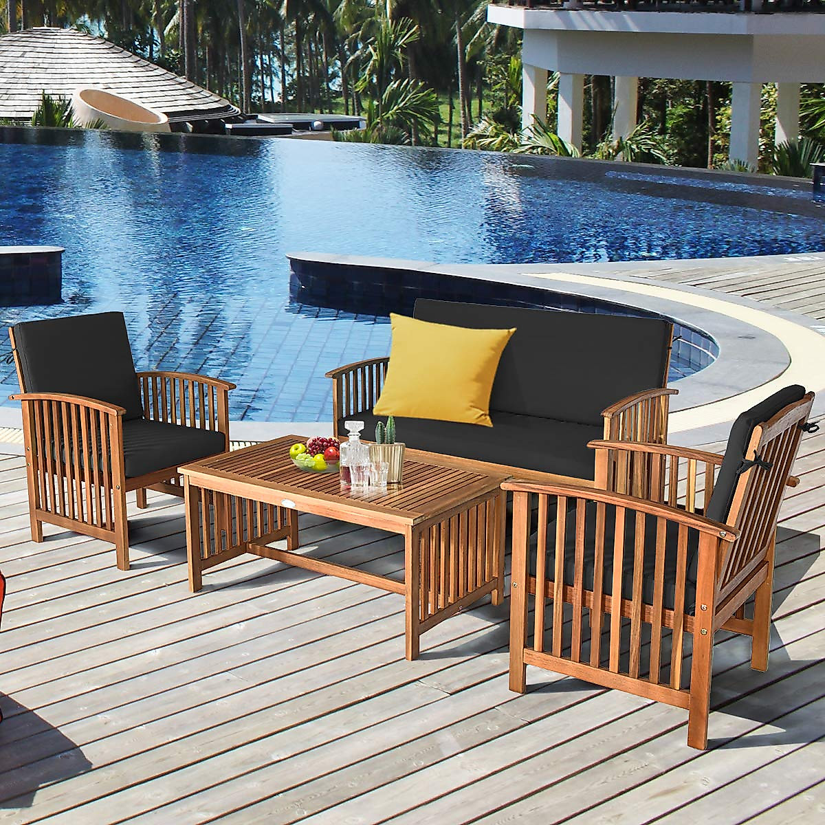 Tangkula Outdoor 4 PCS Acacia Wood Sofa Set w/Water Resistant Cushions, Padded Patio Seating Chat Set w/Coffee Table for Garden, Backyard, Poolside (1, Black)