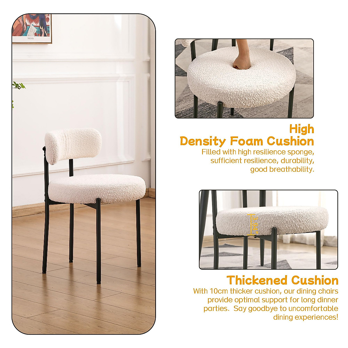 EDWELL White Dining Chairs Set of 2, Modern Dining Room Chairs Mid Century with 3.94" Cushions and Metal Legs, Round Upholstered Boucle Chairs for Kitchen, Living Room, Easy assembly