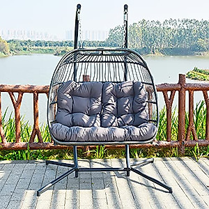 Brafab Luxury X-Large Double Egg Swing Chair 2 Person Hanging Chair Hand Made Rattan Wicker Hammock Chair with Stand and UV Resistant Grey Cushion, Aluminum Frame, for Outdoor Garden Patio Porch