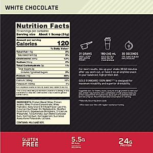Optimum Nutrition Gold Standard 100% Whey Protein Powder, White Chocolate, 5 Pound (Packaging May Vary)