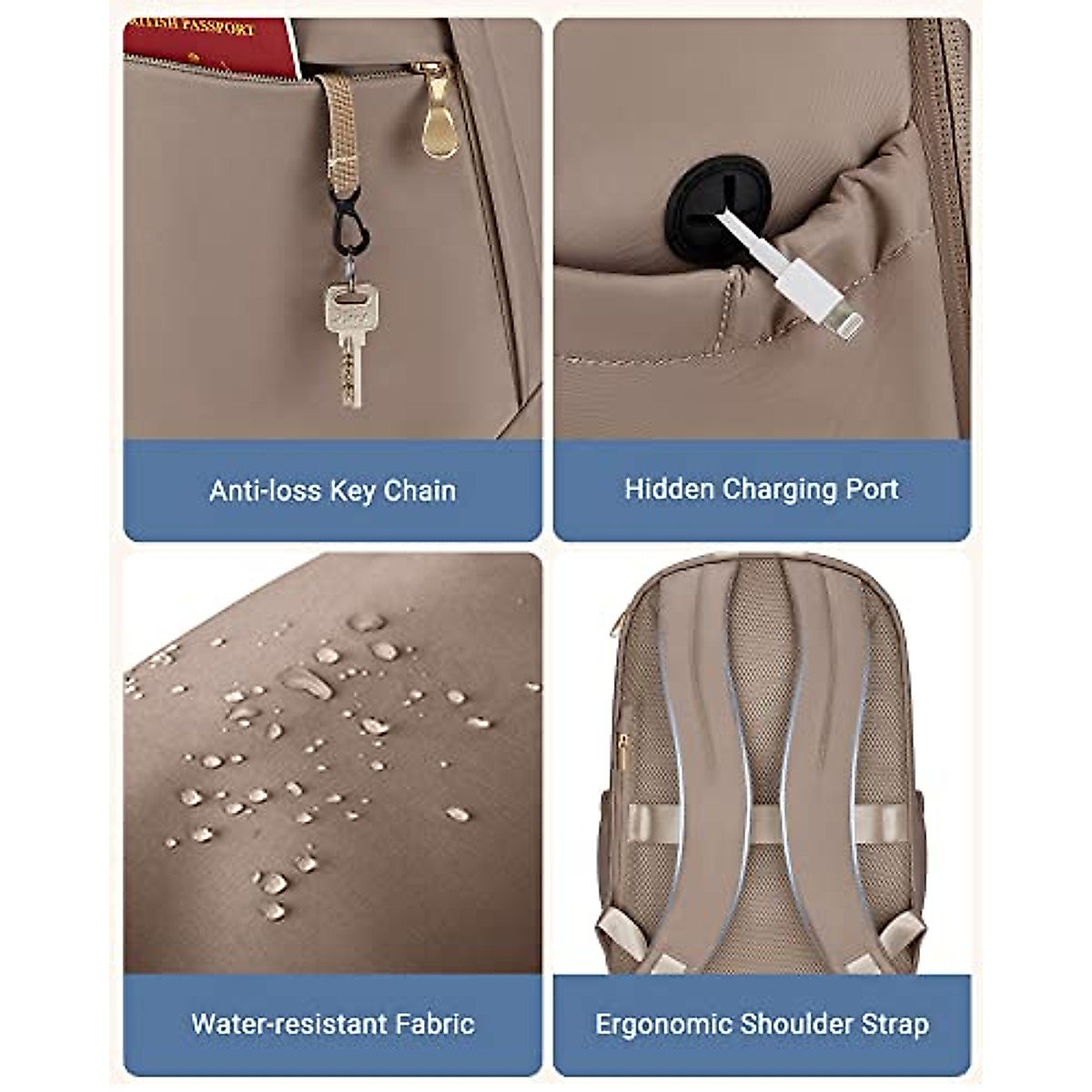 LIGHT FLIGHT Travel Laptop Backpack Women, 15.6 Inch Laptop Backpack with USB Charging Hole, Water Resistant College Bookbag, Black Computer Backpacks for Work, Champagne