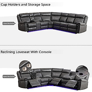 Hybition Power Reclining Sectional Sofa Multi-Functional 6 Seater Sectional Sofa L-Shaped PU Leather L-Shaped Sofa LED Lights Stereo Storage Cup Holders USB -Grey