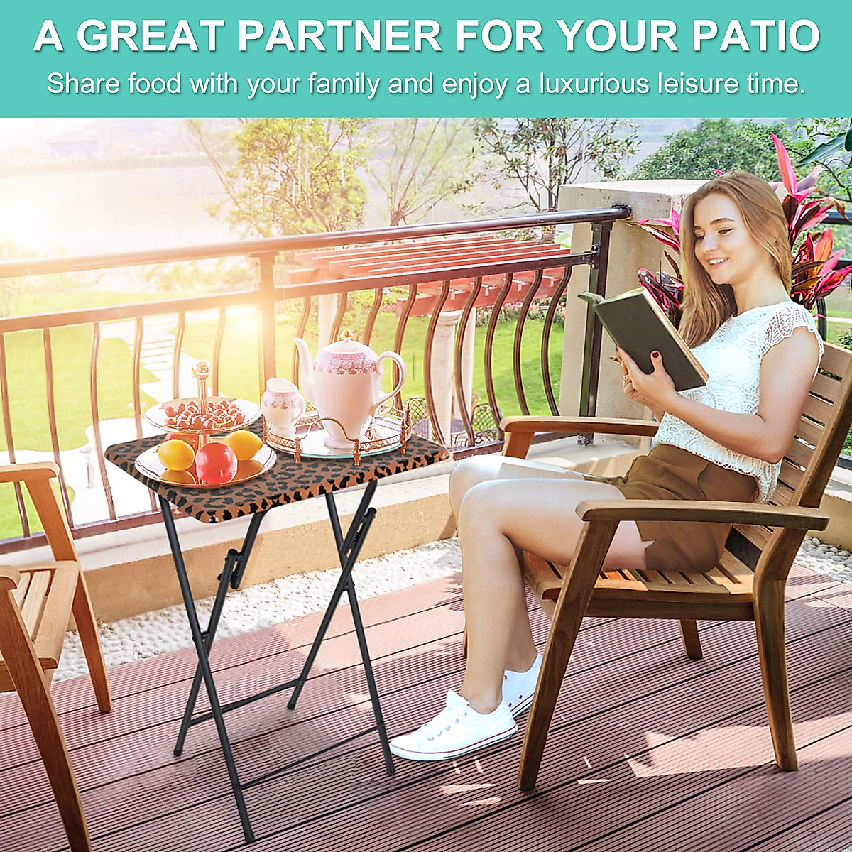 fusehome Folding TV Tray Table, TV Tray for Eating on Couch, Small Folding Table, Portable Tray Table Couch Desk, Foldable Snack Table, with Leopard Print, for Bed & Sofa, Living Room, Bedroom