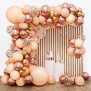 RUBFAC 143pcs Rose Gold Balloon Arch Kit Nude Pastel Pink Rose Gold Confetti Balloon Metallic Gold Balloon Garland for Baby Shower Birthday Wedding Bachelorette Party Decoration