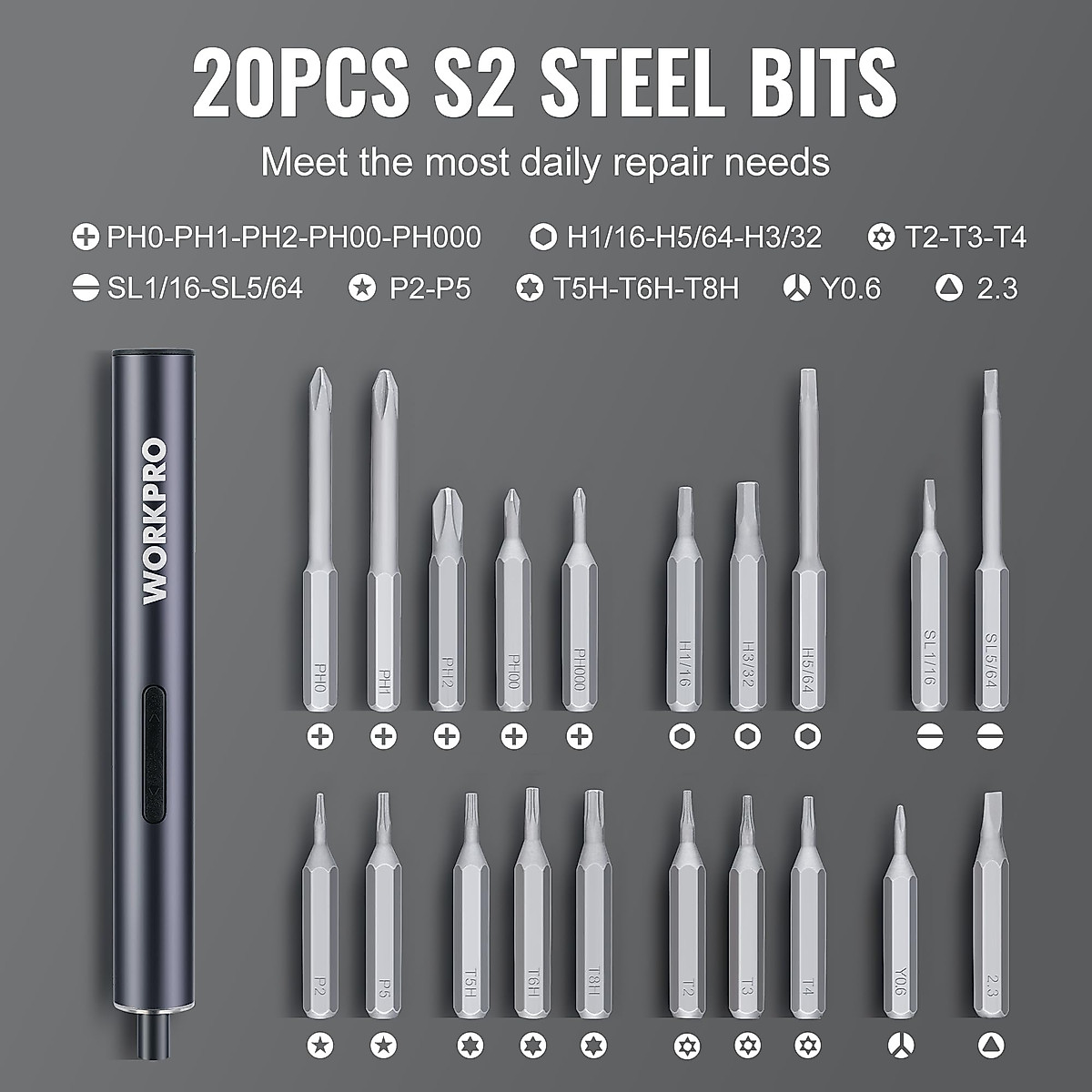 WORKPRO Mini Electric Screwdriver, 20 in 1 Electric Precision Screwdriver with Magnetizer and S2 Steel Bits, Max 4.0V Magnetic Rechargeable Cordless Screwdriver Kit for Phone, Camera, Laptop