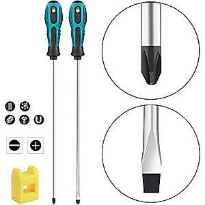 uoboeuq 2-Piece 12'' long Slotted and Phillips Screwdrive Screwdriver Set, Long Blade Screwdriver Set PH1 12-Inch Magnetic Screwdriver, 2 Packs Magnetic Screwdriver with Rubber Handle(5mmx300mm)