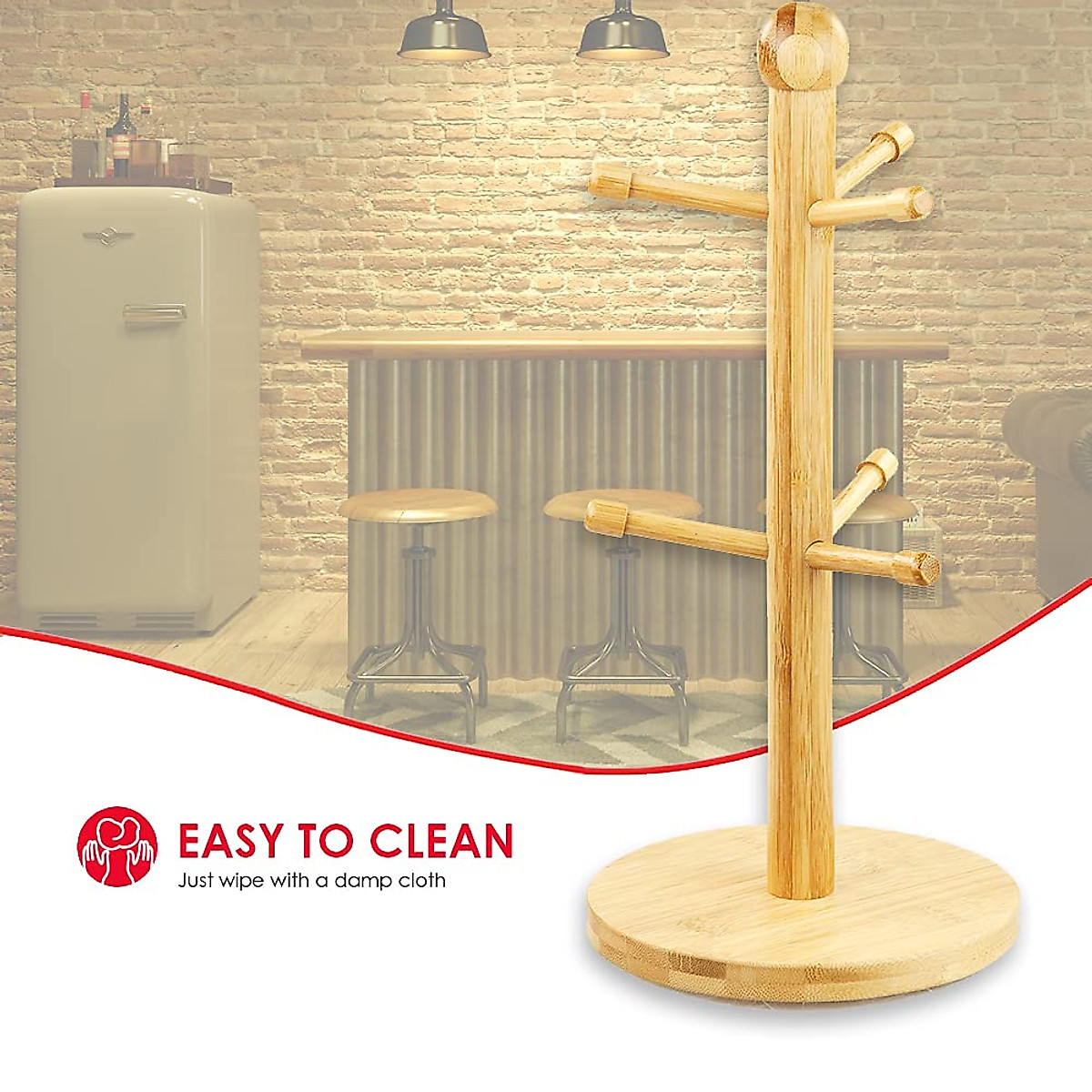 Home Basics Bamboo Mug Tree, Holds Up to 6 Coffee Cups, Free Standing, Circular Base, Kitchen Countertop, Beige (1)