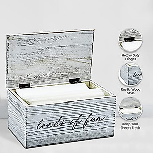 Queen and Oak Dryer Sheet Holder - Rustic Farmhouse Wooden Box with Hinged Lid Dispenser for All Fabric Softener Sheets High Capacity Laundry Room Decor Grayish White 8*4.8*4 inch