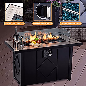 AVAWING Propane Fire Pit, 42 inch 50,000 BTU Gas Fire Pit Table with Glass Wind Guard, Table Lid, Fire Glass, Waterproof Cover, Outdoor Gas Fire Pit for Garden, Patio, Backyard, Black