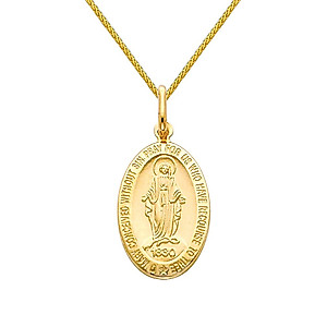 The World Jewelry Center 14k REAL Yellow Gold Religious Miraculous Mary Medal Pendant with 0.9mm Braided Wheat Chain Necklace - 20"