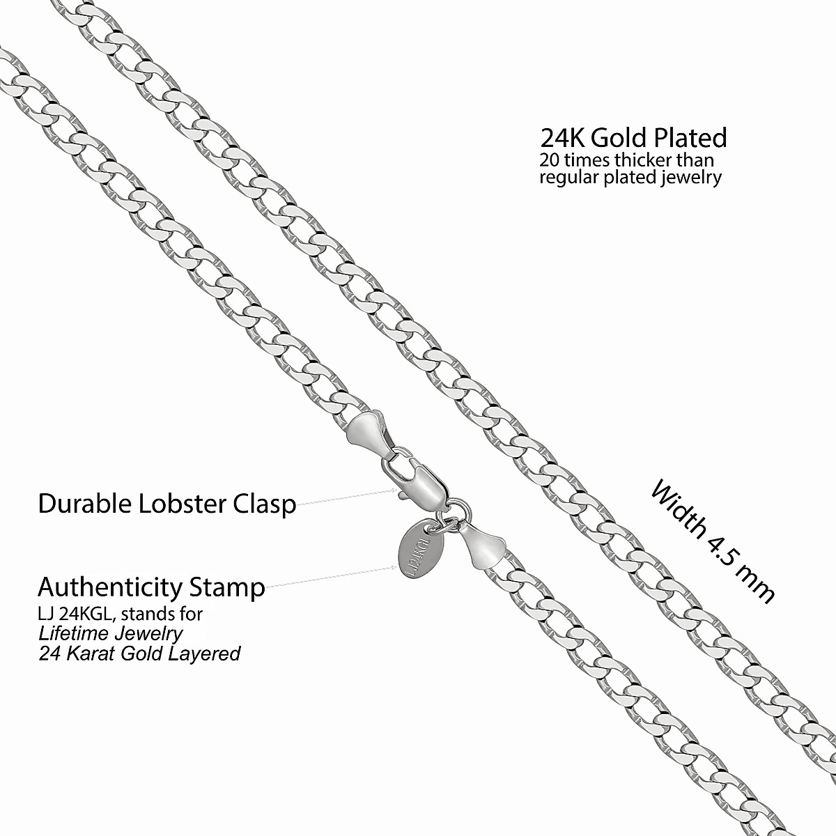 LIFETIME JEWELRY Diamond Cut Edge Curb Link Chain Necklace 24k Real Gold Plated (16 inches, 4mm, White Gold)