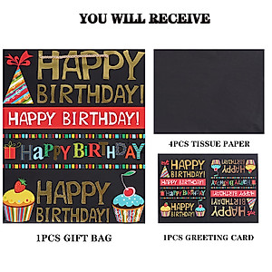 Jaywayang 12.6" Large Happy Birthday Gift Bag with Card and Tissue Paper (Black)
