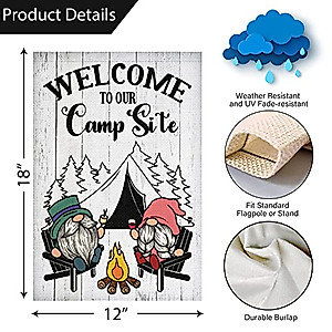 Louise Maelys Camping Camper Gnome Garden Flag for Campsite Vertical 12x18 Double Sided, Welcome to Our Camp Site Small Camping Flags Outdoor Fire Pit Camper Camping Campsite Decoration (ONLY FLAG)