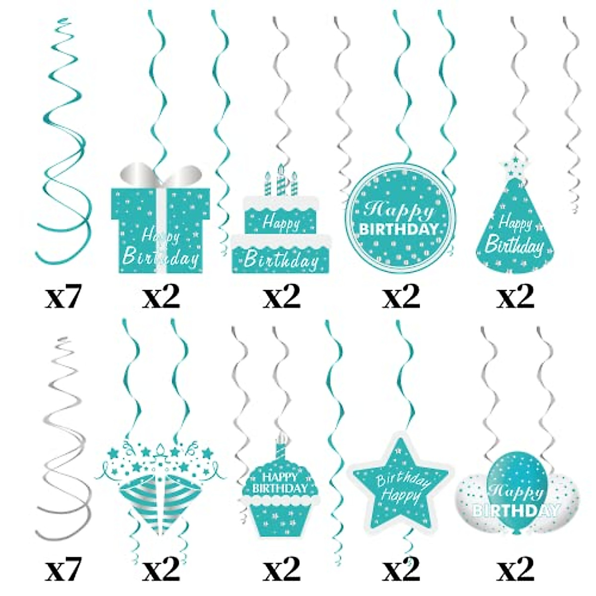 Teal Silver Birthday Decorations Hanging Swirls Party Supplies, 30Pcs Breakfast Blue Happy Birthday Foil Swirls for Girls Women, 16th 21st 30th 40th 50th 60th Bday Ceiling Swirls Sign