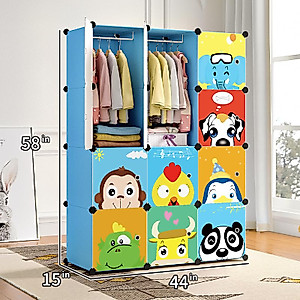 MAGINELS Kids Closet,Baby Wardrobe Closet with Door,Cute Portable Armoire Dresser,Clothes Hanging Storage Rack for Boy Bedroom,Blue,12 Cube(14x14inch)
