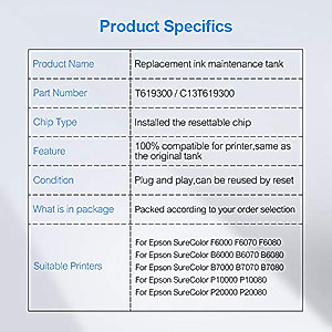 UPink T6193 T619300 Maintenance Box Compatible for SureColor T3000 T5000 T7000 T3200 T5200 T7200 T3270 T5270 T7270 F6000 Printer Waste Ink Tank