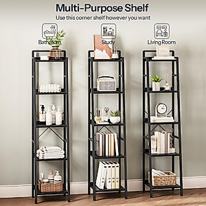 HOOBRO 5-Tier Ladder Shelf, Narrow Bookshelf, Industrial Bookcase, Skinny Bookshelf for Small Spaces, Corner Storage Shelf for Home Office, Living Room, Black BB35SJ01