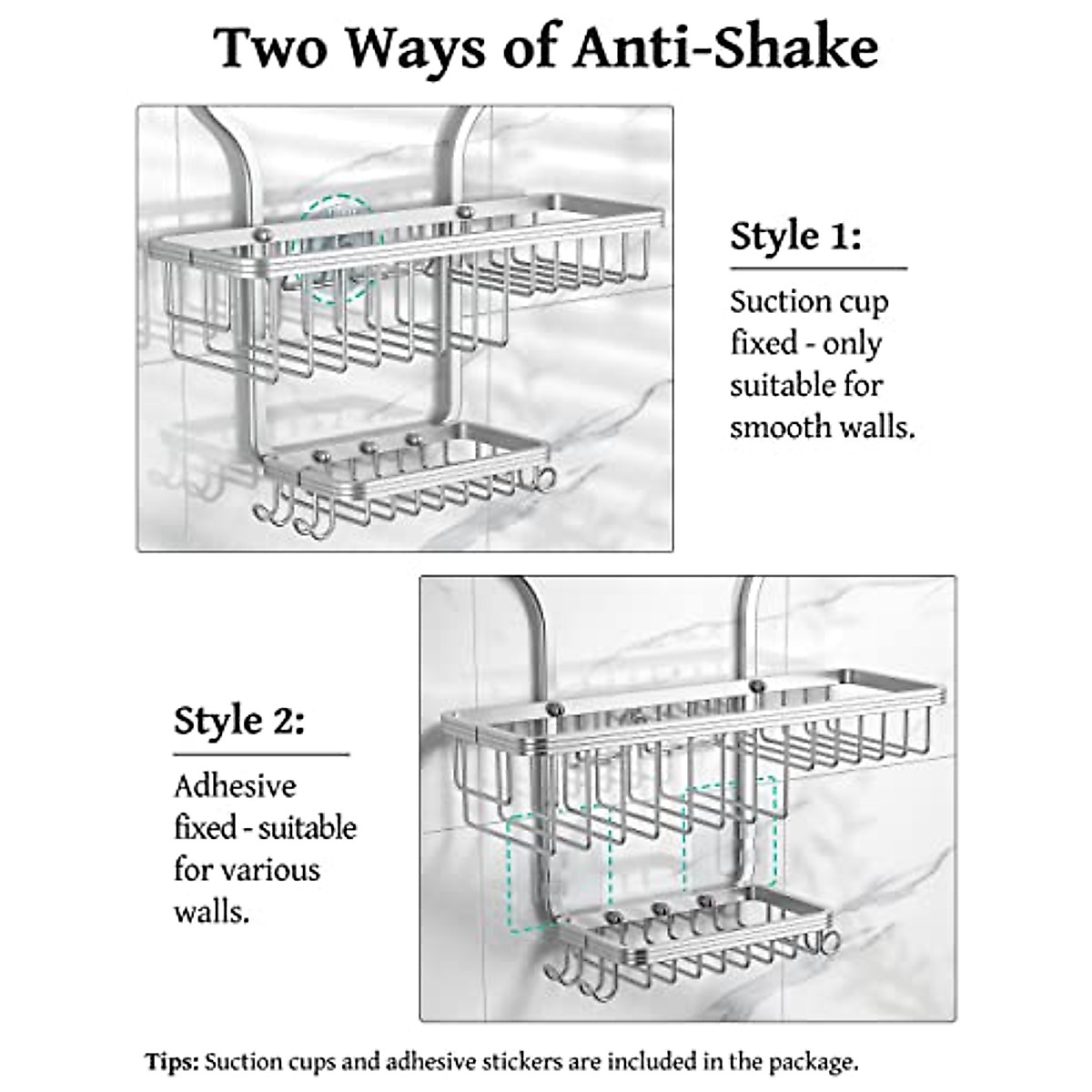 YASONIC Shower Caddy Over Shower Head Never Rust Aluminum Large Hanging Shower Caddy with 10 Hooks for Razor/Sponge - Over The Shower Head Caddy with Soap Basket - Hanging Shower Organizer Silver