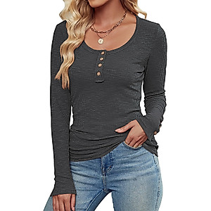 Hount Womens Fall Tops Long Sleeve 2023 Slim Fit Button Down Ribbed Knit Henley T Shirts Blouse Dark Grey M