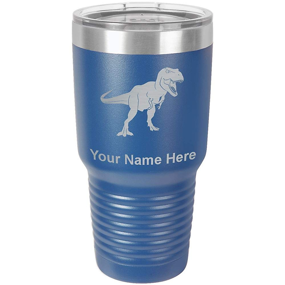 LaserGram 30oz Vacuum Insulated Tumbler Mug, Tyrannosaurus Rex Dinosaur, Personalized Engraving Included (Dark Blue)