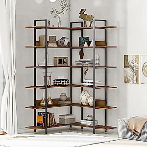 Tall Bookcase Shelf Storage Organizer 6 Tiers, L-Shape Corner Bookshelf with Anti-toppling Fitting, Industrial Display Standing Shelf Units for Living Room Home Office, Each Panel Hold up to 80 lbs
