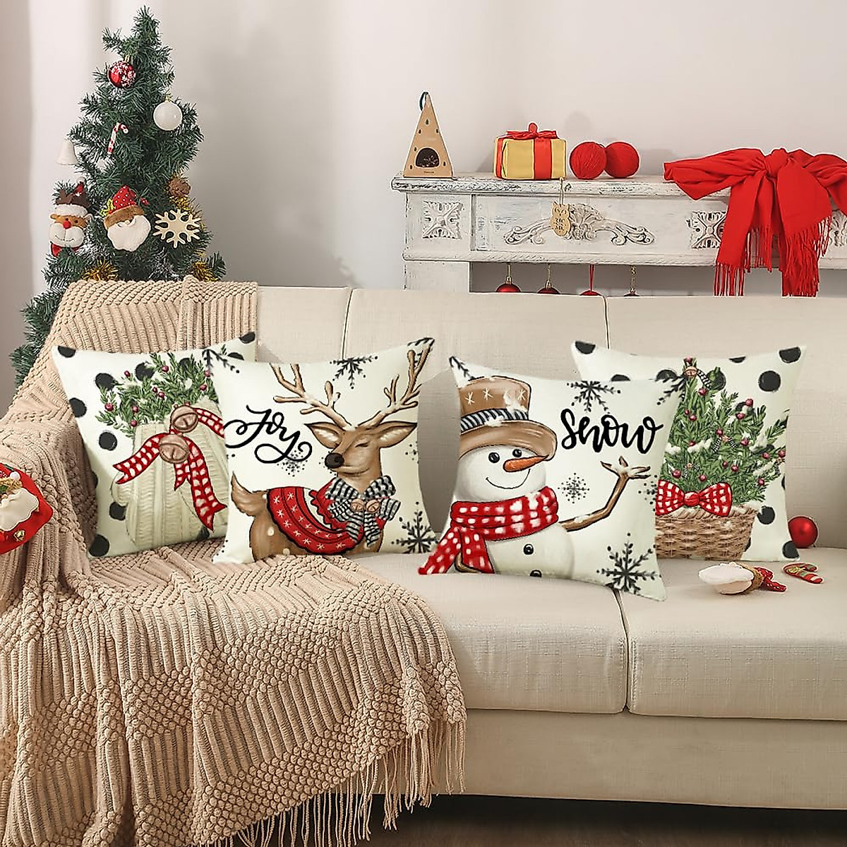 LITIVY Christmas Decor Pillow Covers Set of 4 Decorative Throw Pillowcase for Winter Xmas Holiday Home Decor for Sofa Couch (Christmas Tree Snowman Gloves Deer) (18"x18", Black)