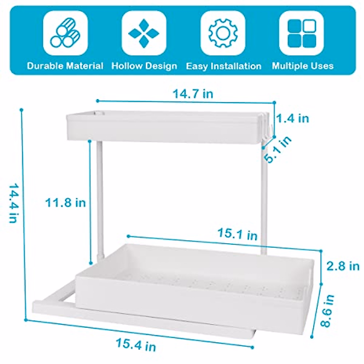 MILILOVE Under Sink Storage Organizers, Bathroom Countertop Organizer, 2-Tier Sliding Kitchen Cabinet Organization, with Hooks, Multi-purpose Shelf Organizer, For Kitchen Bathroom Bedroom Office