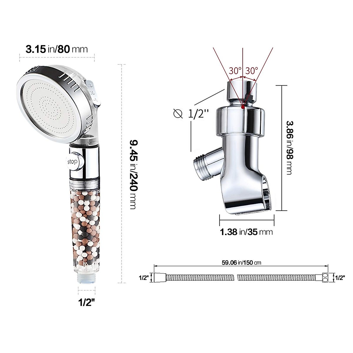 KAIYING Filtered Shower Head with Pausing Switch, High Pressure Hand Held Detachable and Removable Filter Showerhead with 5Ft Hose, Adjustable Angle Bracket (Transparent)