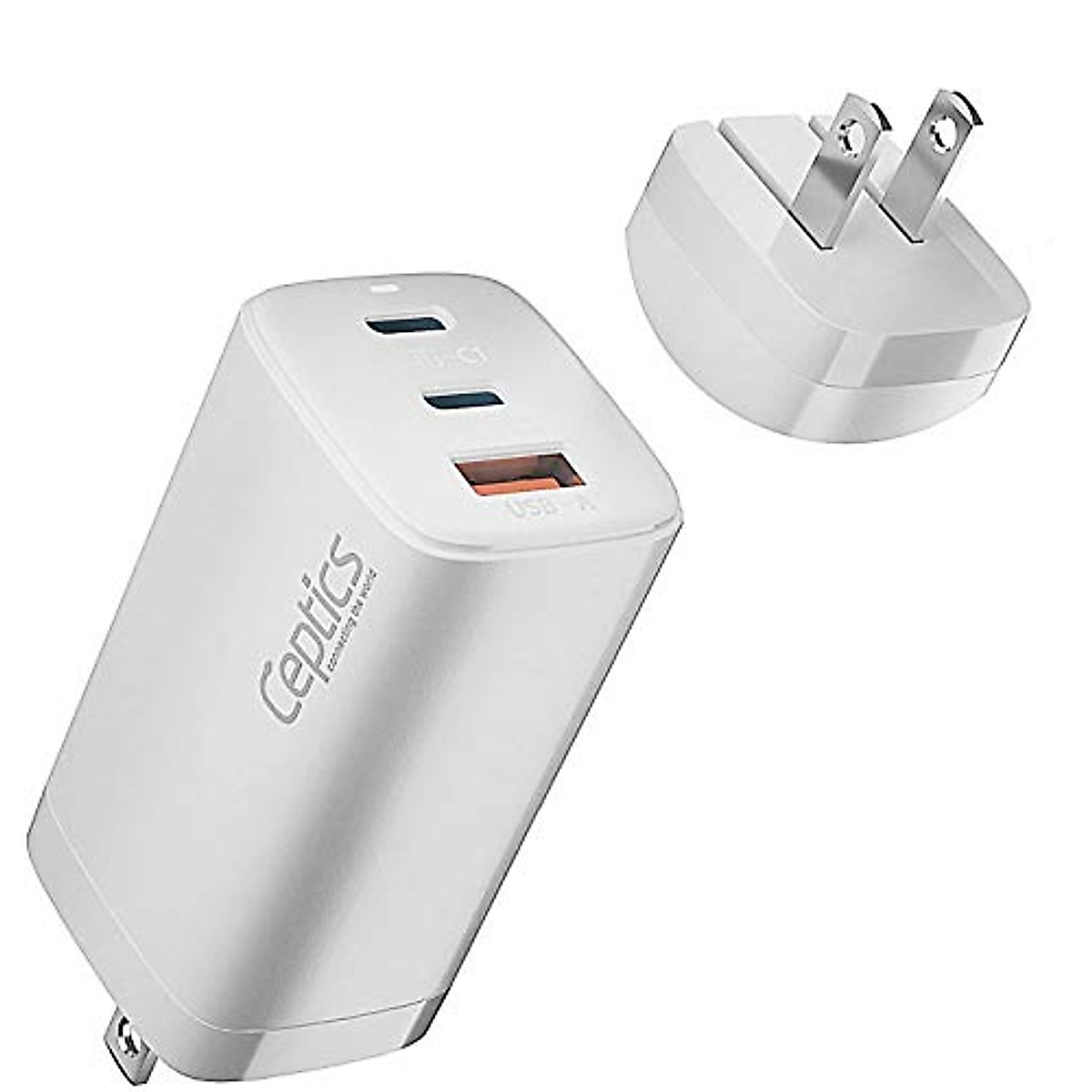 Ceptics USB C Wall Charger, 65W Ultra Compact with Quick Charge 3.0 PD Power Delivery - GAN TECH - Small USB + Dual USB-C - 3 Ports Total - Powerful - Fast QC & PD - White (NAN-65W)