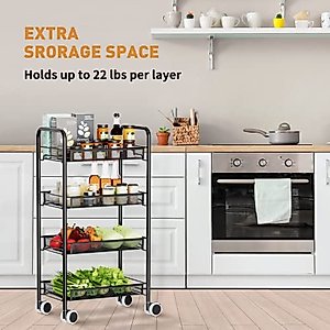 DMplus 4-Tier Metal Rolling Cart on Wheels with Baskets, Easy Carry and Assemble Multifunction Utility Cart with Practical Bucket and Hooks, Black MRC01B