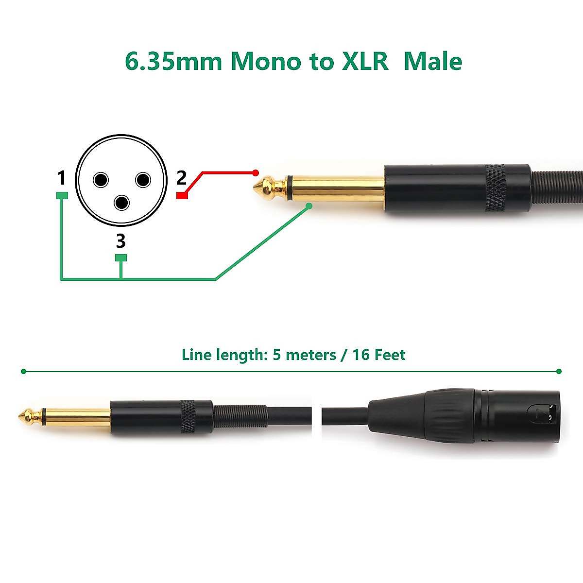 NANYI 6.35mm (1/4 Inch) TS Male to XLR Male Interconnect Audio Microphone Cable, Black/Alloy, Suitable for Microphones, Active Speakers, Stage, DJ, Studio Audio Console, 5M / 16FT