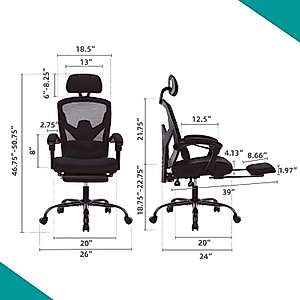 Ergonomic Office Chair, Reclining High Back Mesh Chair, Computer Desk Chair, Swivel Rolling Home Task Chair with Lumbar Support Pillow, Adjustable Headrest, Retractable Footrest and Padded Armrests