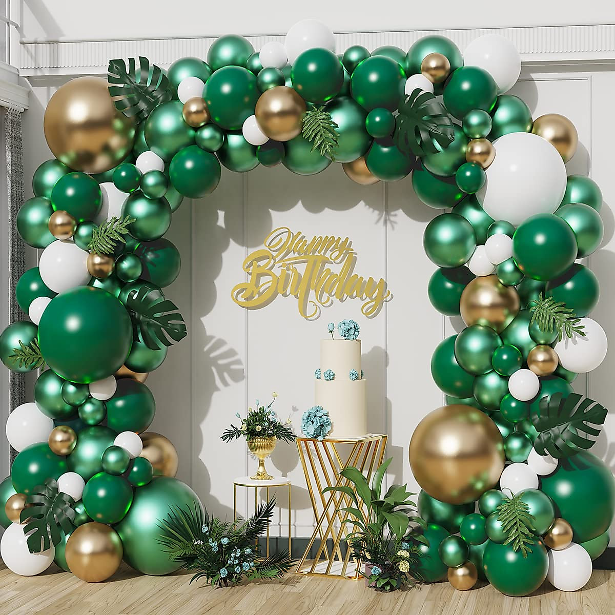 128Pcs Jungle Sarfari Balloon Garland Arch Kit, Double Stuffed Emerald Green Matellic Gold White Balloons with Artificial Palm Leaves for Wild One Animal Party Decorations Kids Birthday Baby Shower