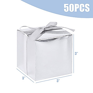 VGOODALL 50PCS Party Favor Boxes, Small Gift Boxes Mini Gift Boxes with Ribbons 3 x 3 x 3 inches Tiny Cardboard Boxes Treat Boxes for Wedding Birthday Party Silver